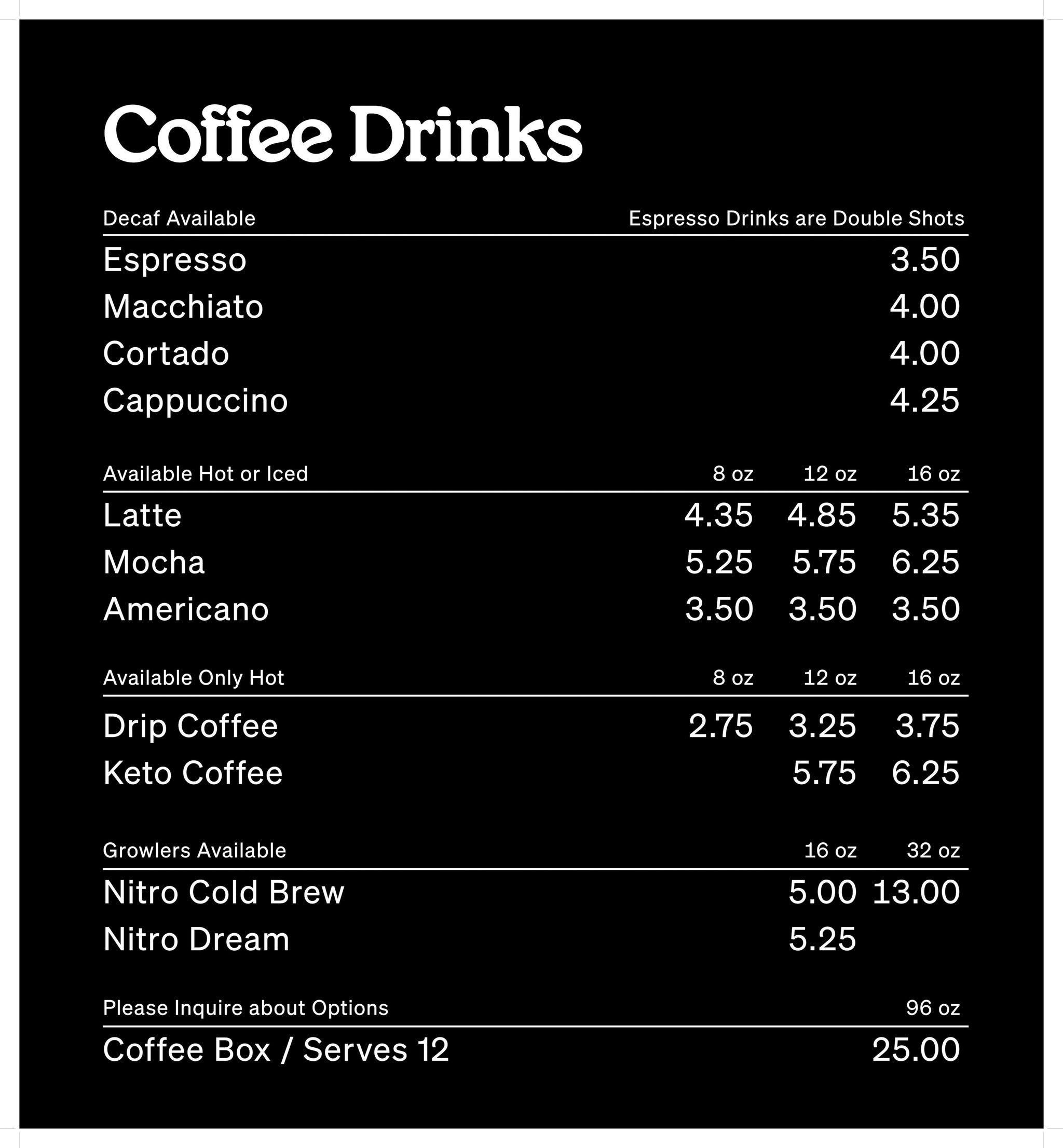 Menus – Avid Coffee
