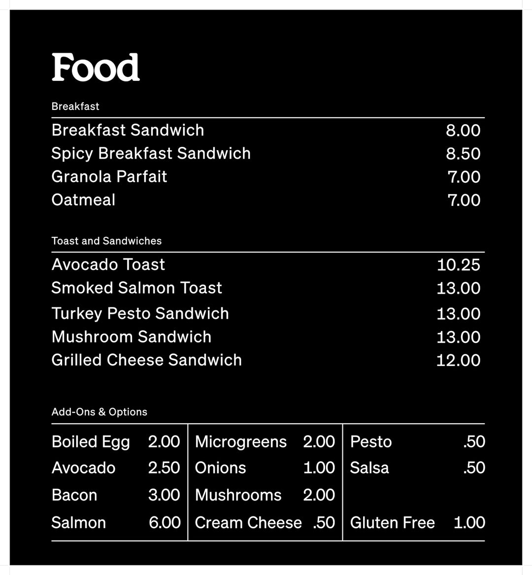 Menus – Avid Coffee