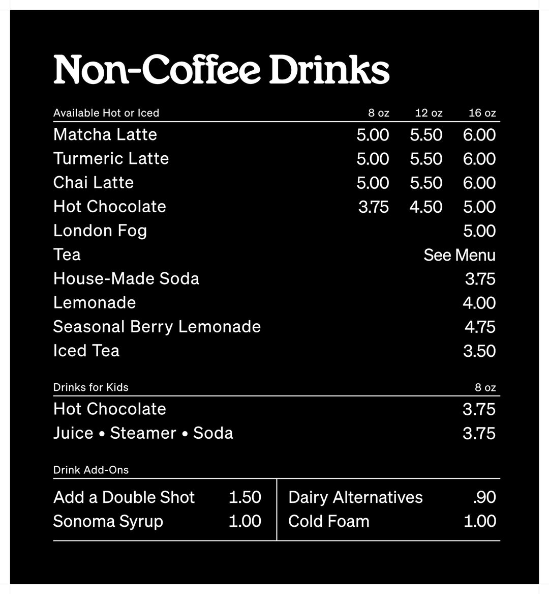Menus – Avid Coffee